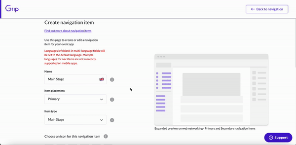 Web platform Main Stage configuration