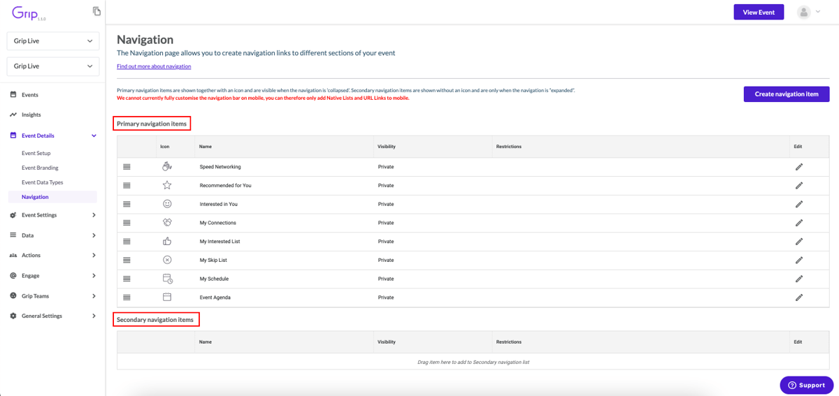 How Do I Configure Navigation Items on the Grip Engage Admin?