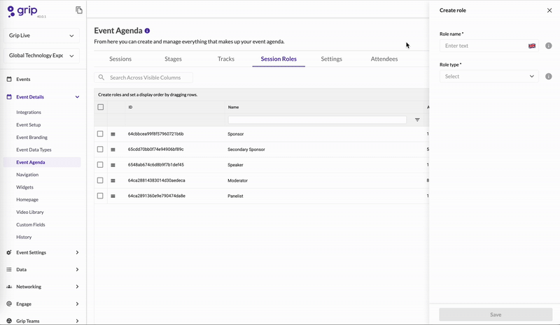 How do I configure the event agenda on the Grip Dashboard?