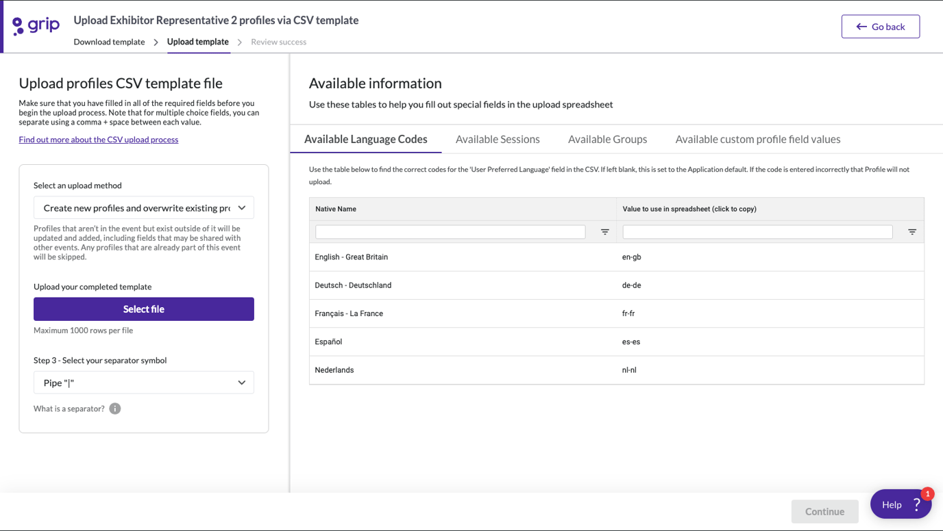 How do I upload profiles using a spreadsheet?