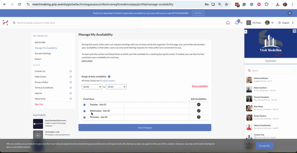 How do I manage my meeting availability on the platform?